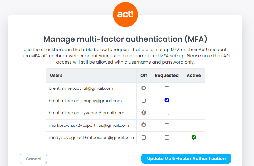 How do I configure Multi-Factor Authentication (MFA) in Act! Premium Cloud?