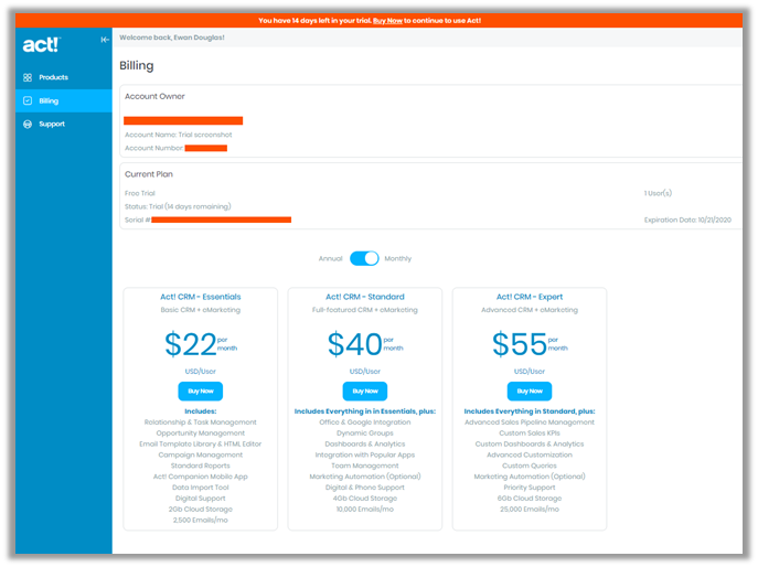 How do I Manage my Act! CRM Classic Account?